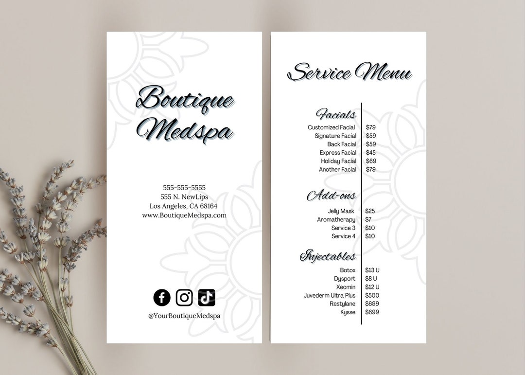 Boutique Medspa Service Menu: Price List (digital Download) - Etsy