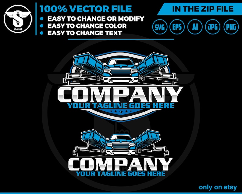 Editable Blue Pickup Truck Dump Trailer Vector Logo: Hauling Junk ...