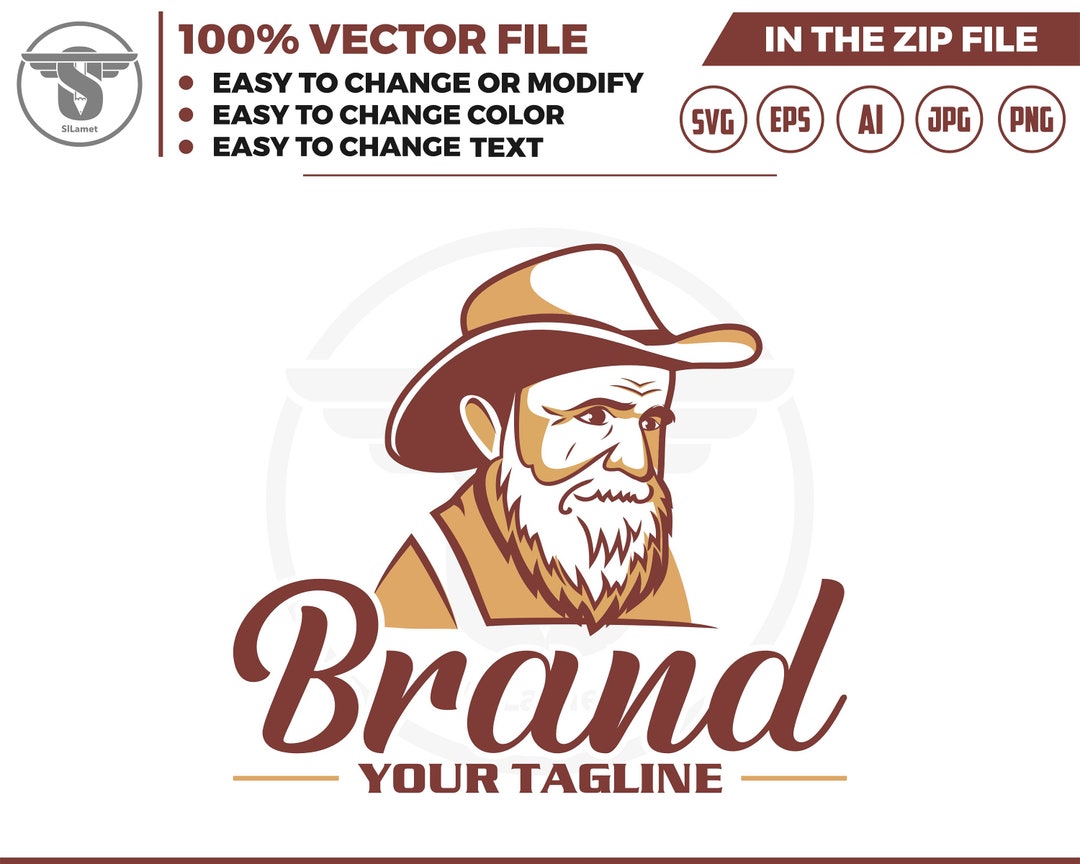 Farmer Man Logo, Farmer Old Man Logo, Old Man With Cowboy Hat, Farmer ...