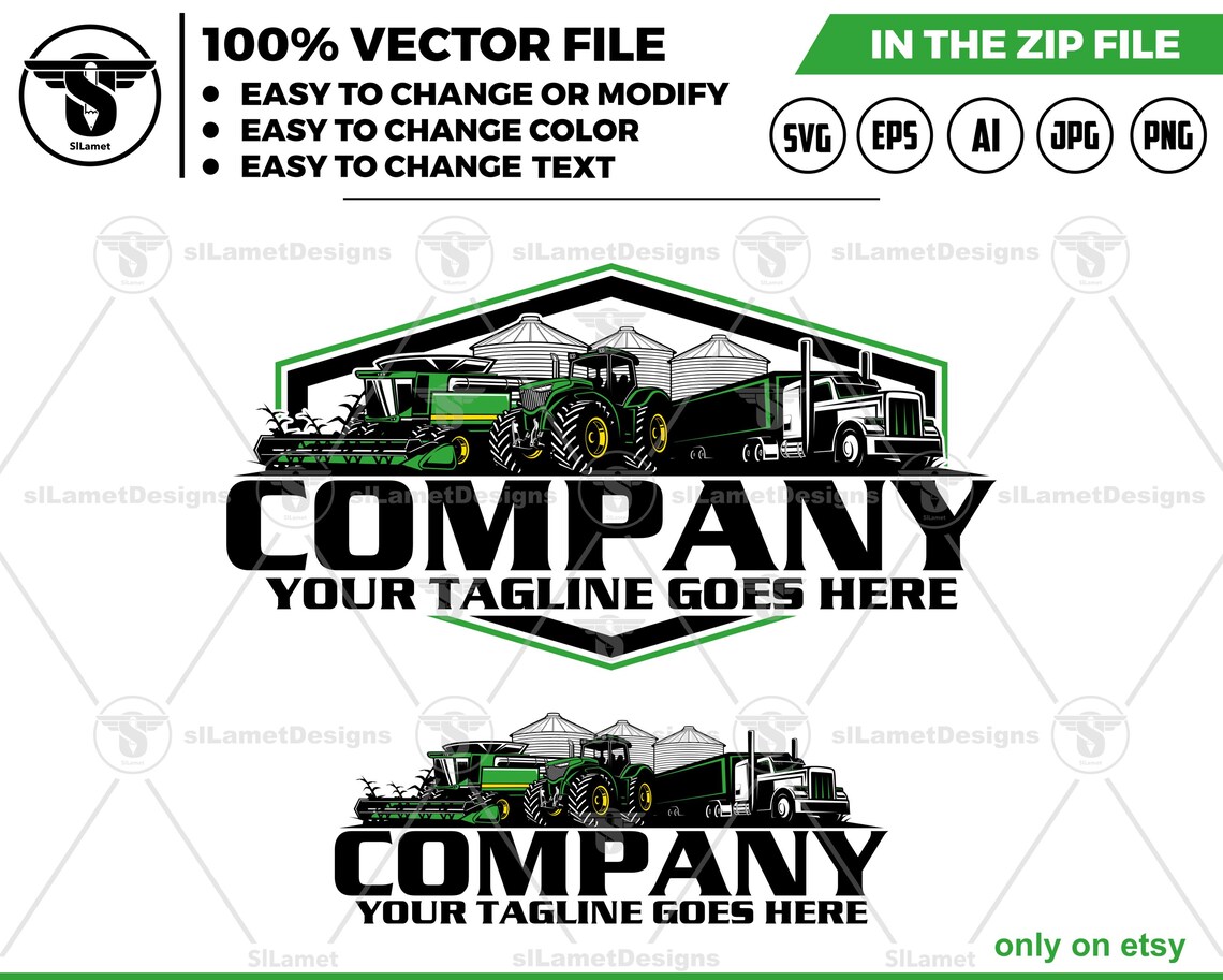 Editable Green Farm Equipment Vector Logo: Tractor Combine Grain Bin ...