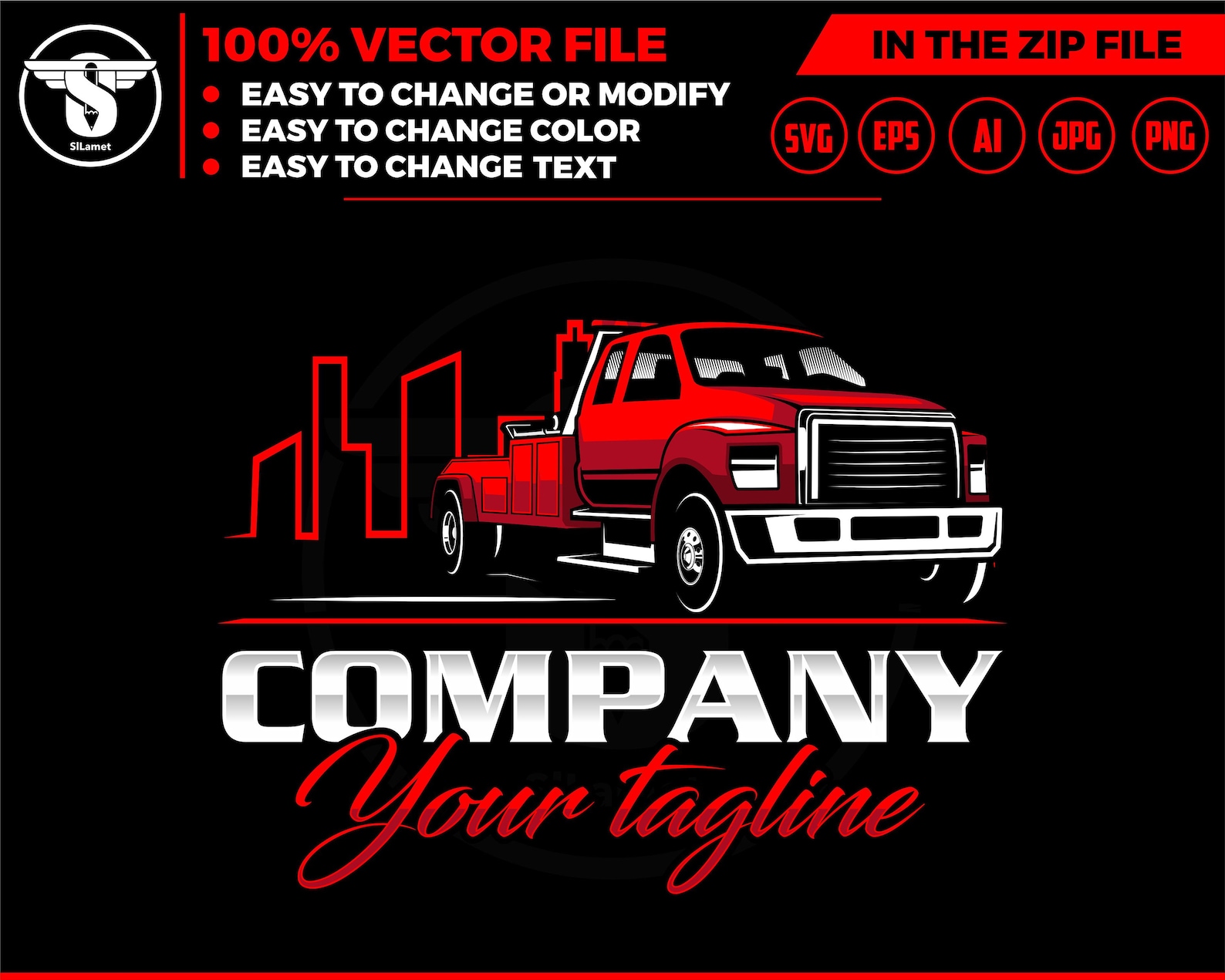Tow Truck Logo Template, City Silhouette Vector (svg, Eps, Ai, Png, Jpg ...