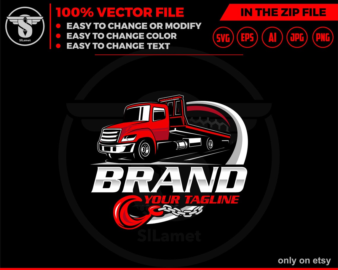 Editable Red Flatbed Tow Truck Vector Logo: Towing Service Branding ...