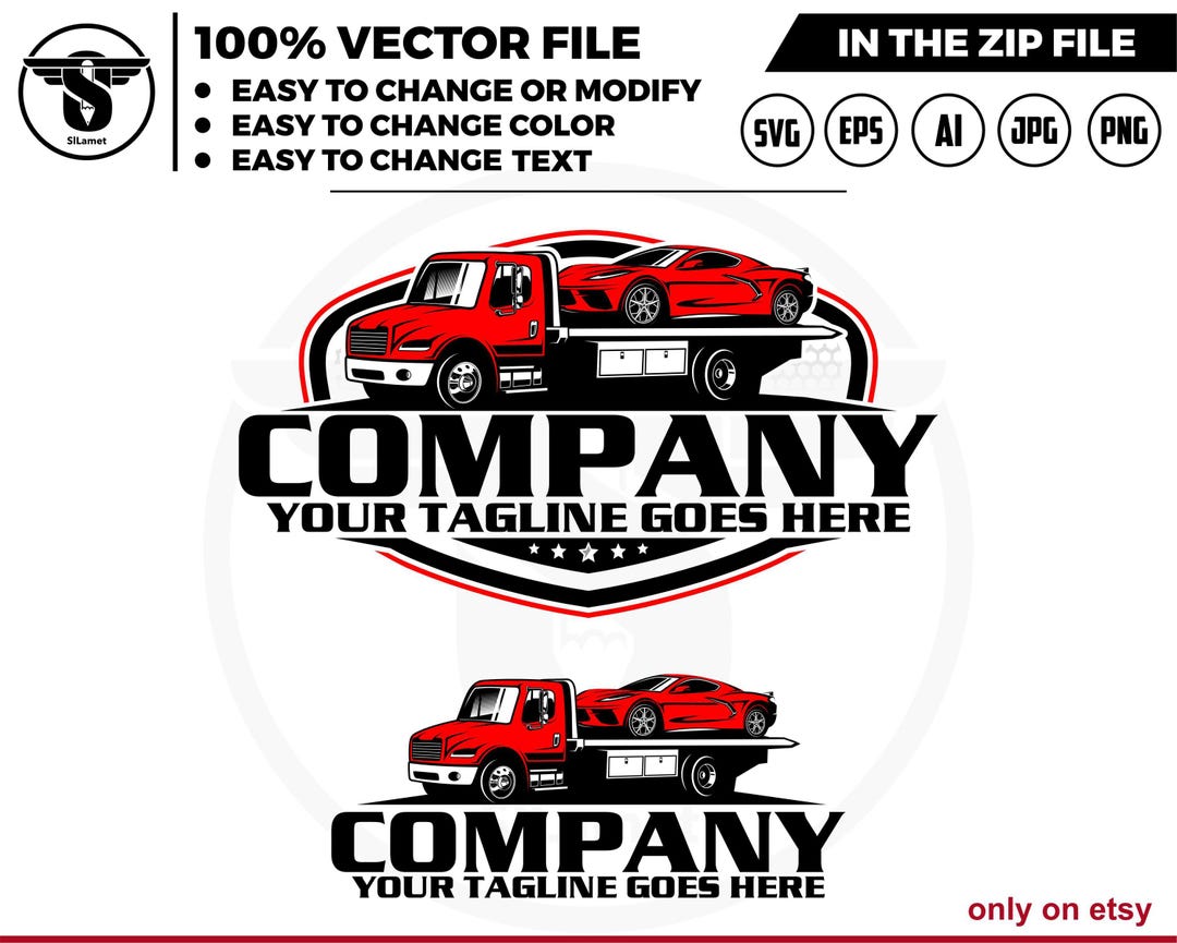 Editable Red Tow Truck Vector Logo: Flatbed Towing Service Branding ...