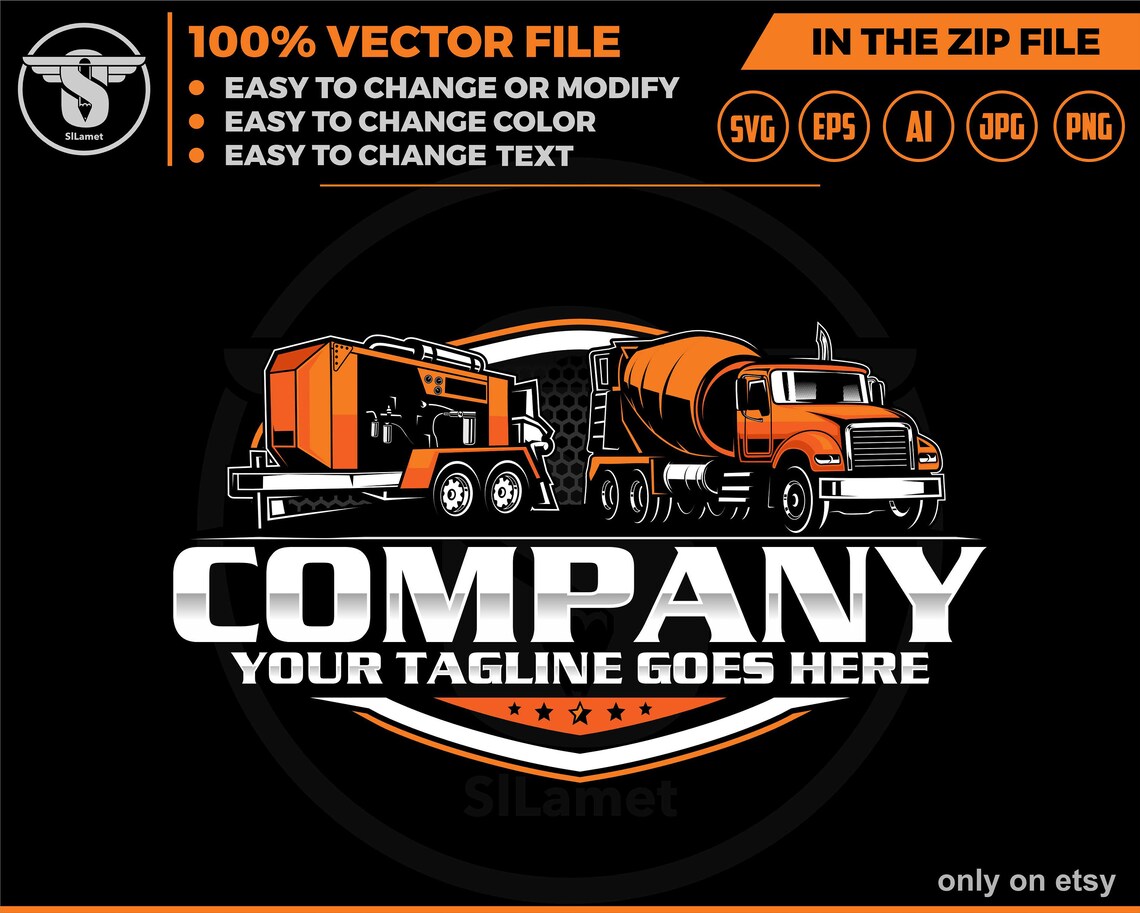 Editable Orange Concrete Pump Truck Mixer Vector Logo: Cement Pumping ...