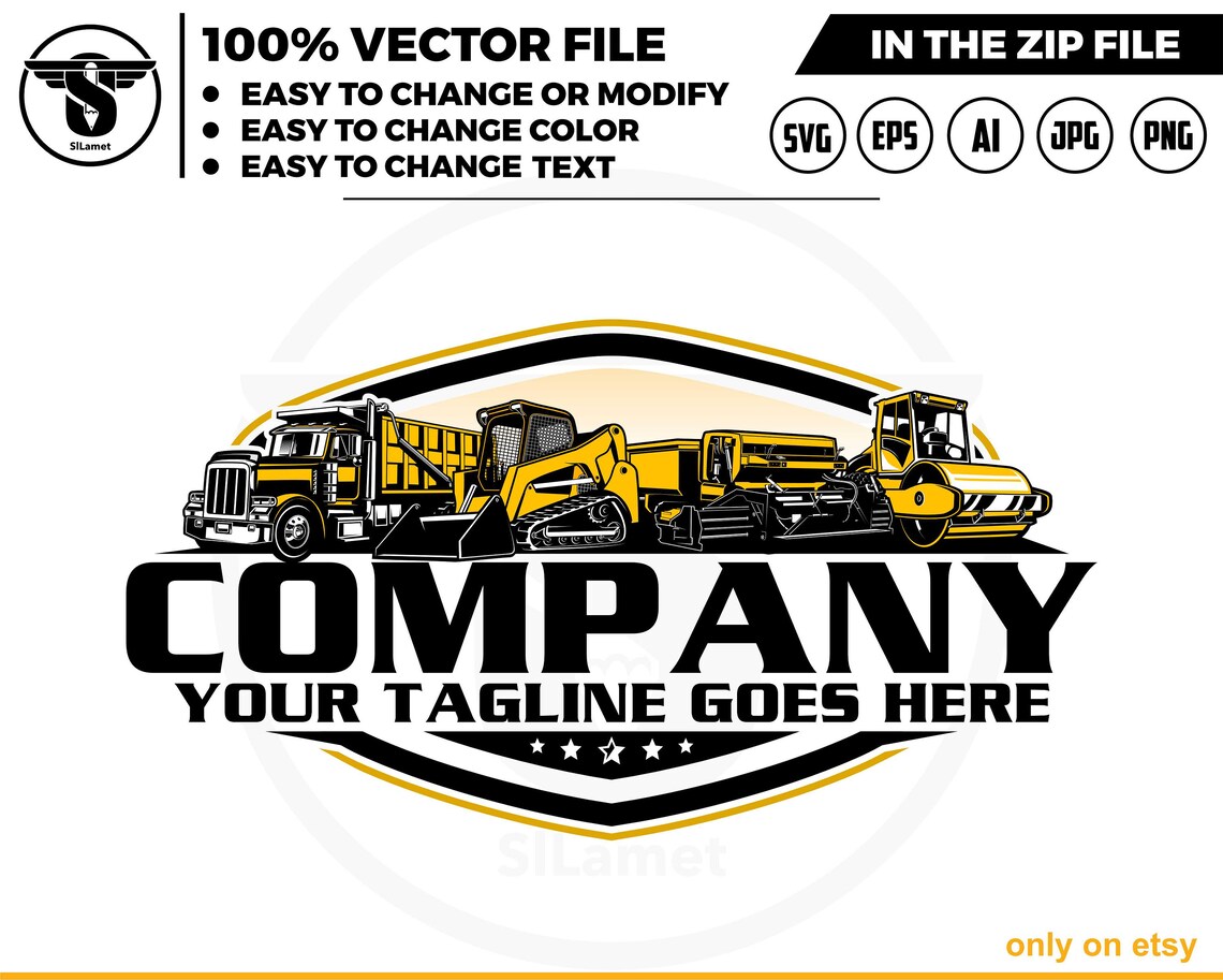 Editable Heavy Equipment Road Repair Logo: Dump Truck Skid Steer Paver ...