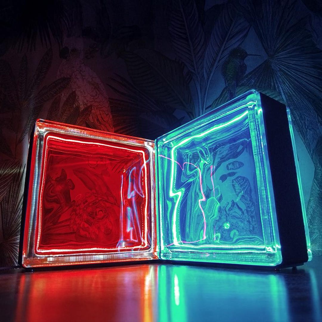LED Glass Block Lamp – Red & Blue Glow Options, Handcrafted Minimalist ...