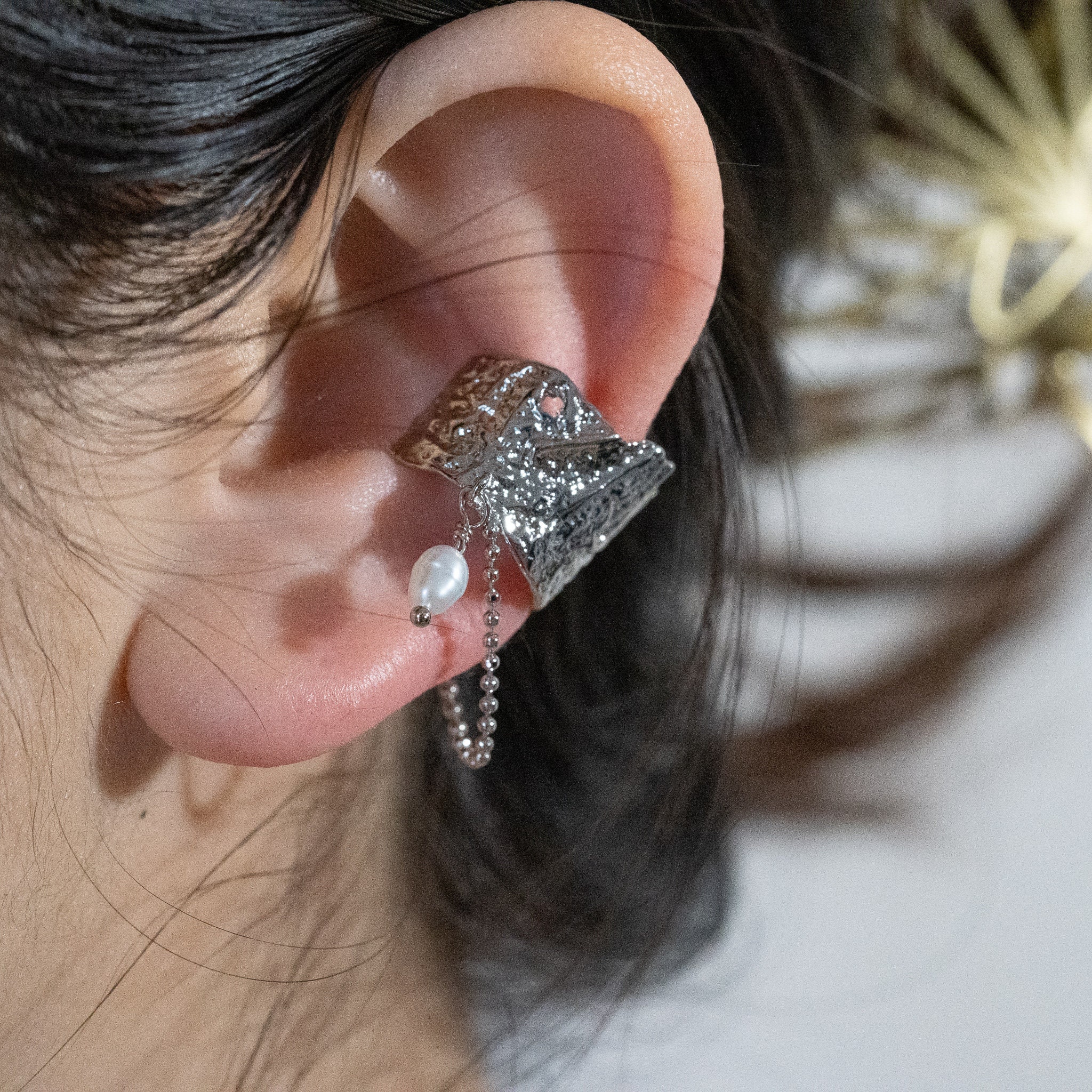 Wide Silver Ear Clip-Single Ear Cuff with Pearl-Cool Dainty | Etsy