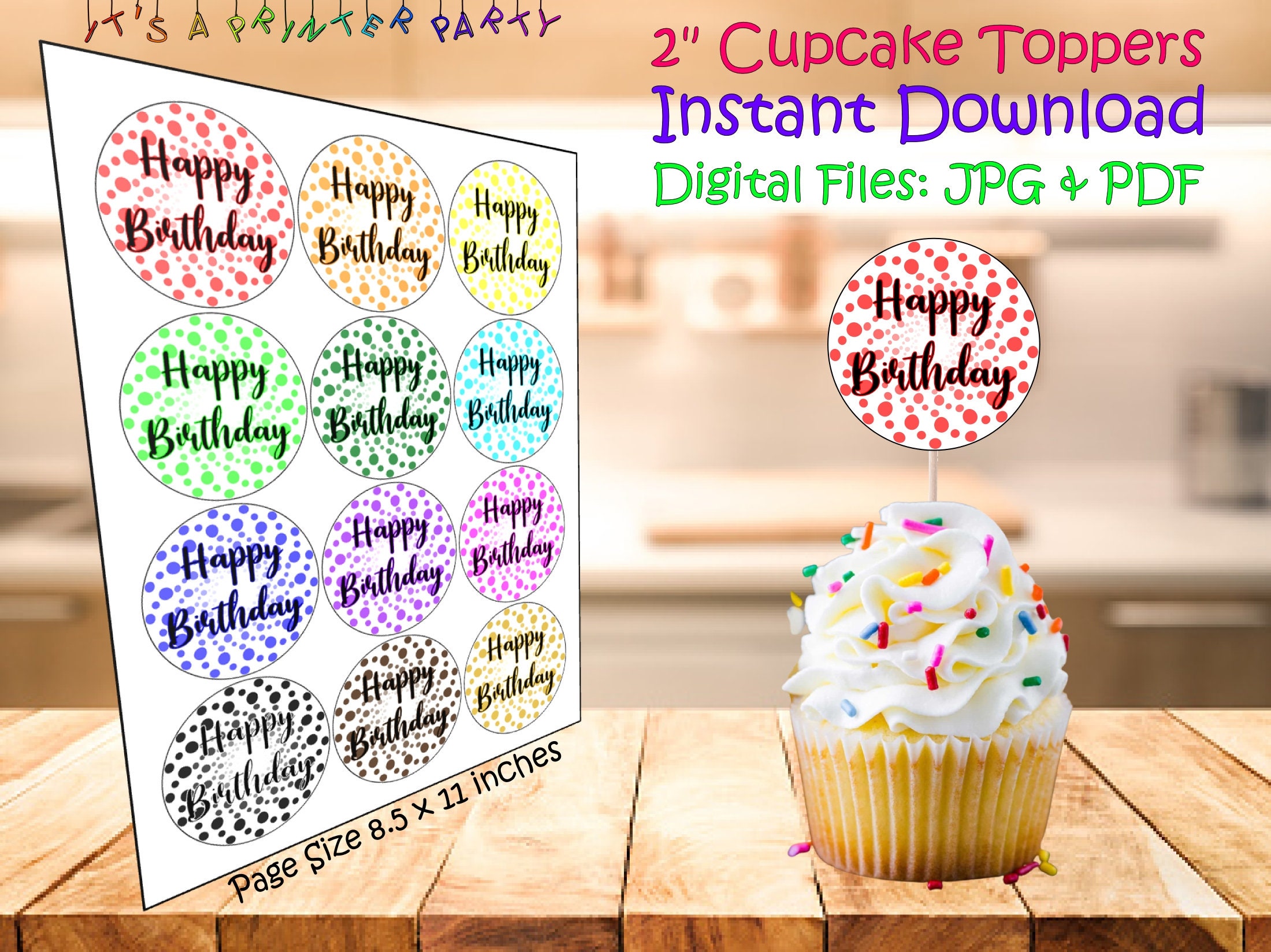 Printable Happy Birthday Dots Cupcake Toppers (digital Download) - Etsy