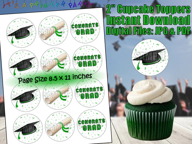 Printable Graduation Cupcake Toppers Green | Dark Green (digital ...
