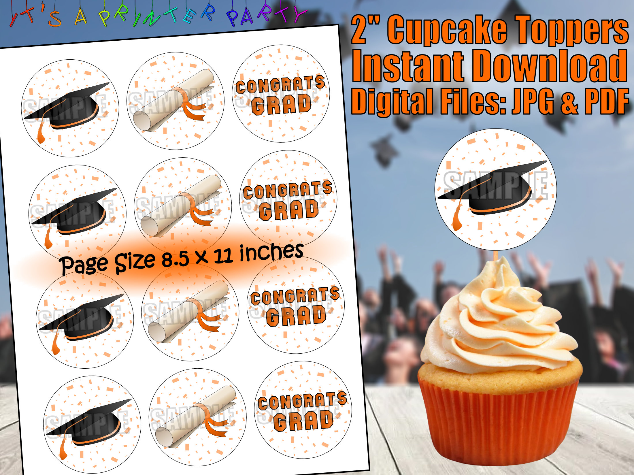 Printable Graduation Cupcake Toppers Orange (digital Download) - Etsy