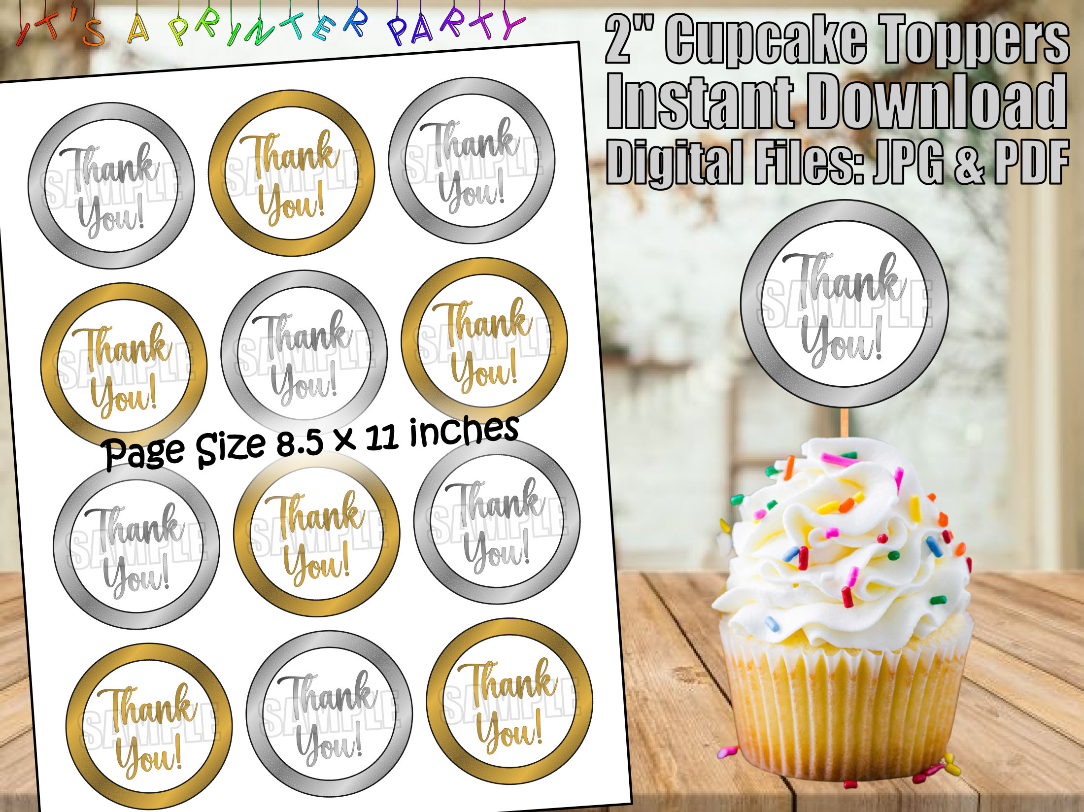 Printable Silver & Gold Thank You Cupcake Toppers (digital Download) - Etsy