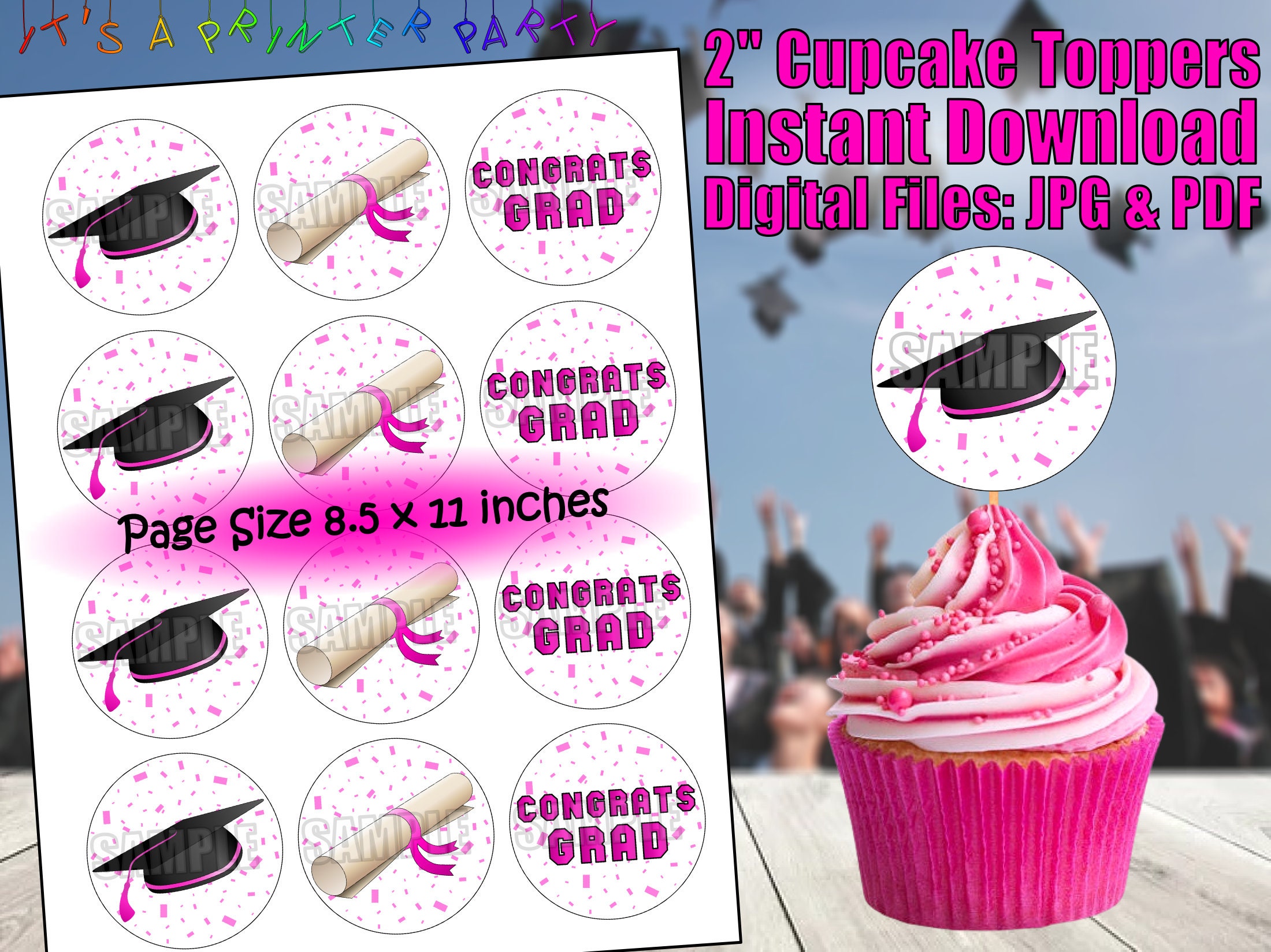 Printable Graduation Cupcake Toppers Hot Pink (digital Download) - Etsy