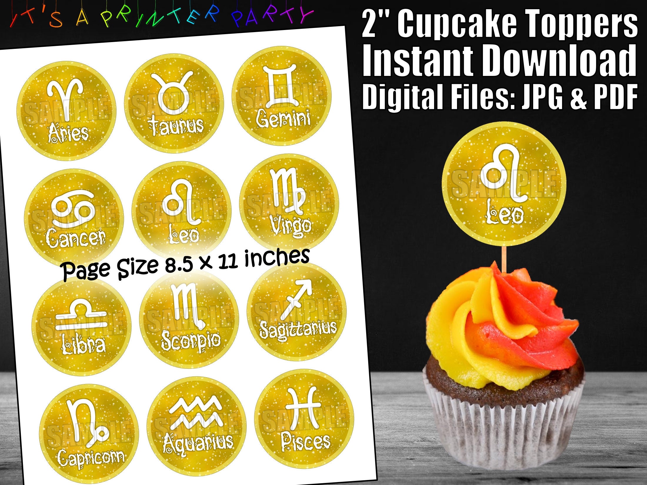 Printable Astrology Zodiac Birthday Cupcake Toppers Yellow (digital ...