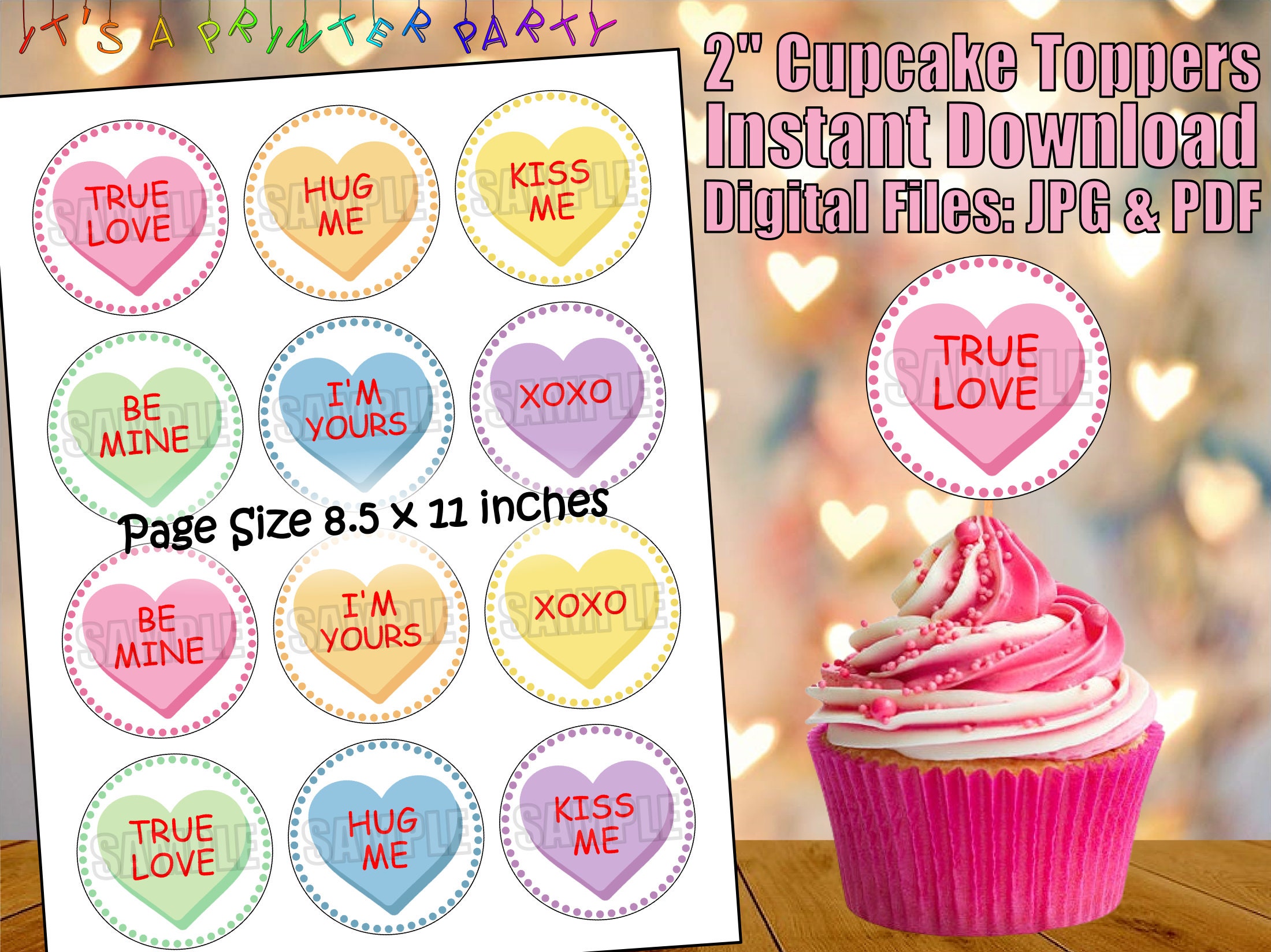 Printable Conversation Hearts Valentine's Day Cupcake Toppers (digital ...