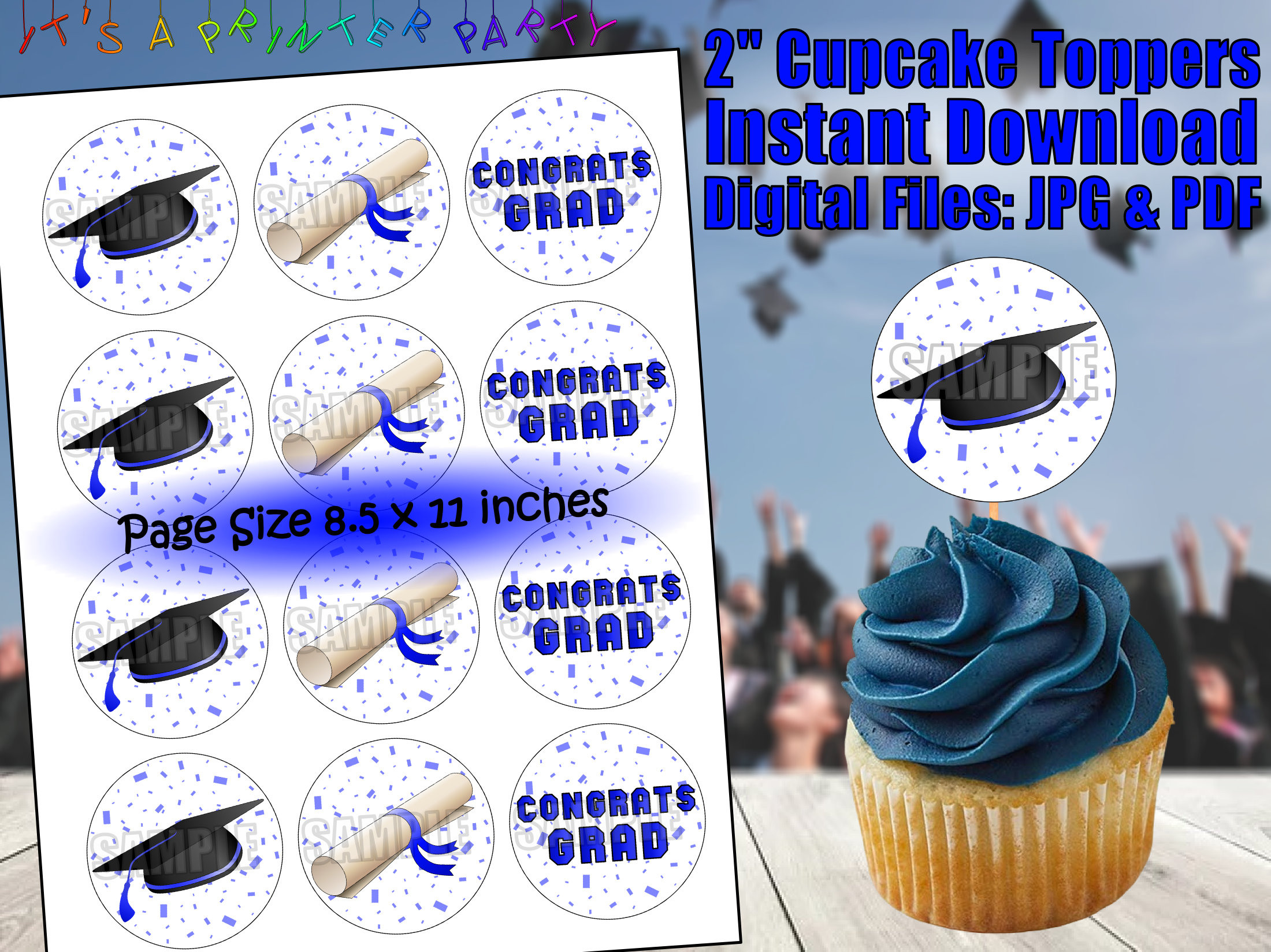 Printable Graduation Cupcake Toppers Dark Blue | Royal Blue (digital ...