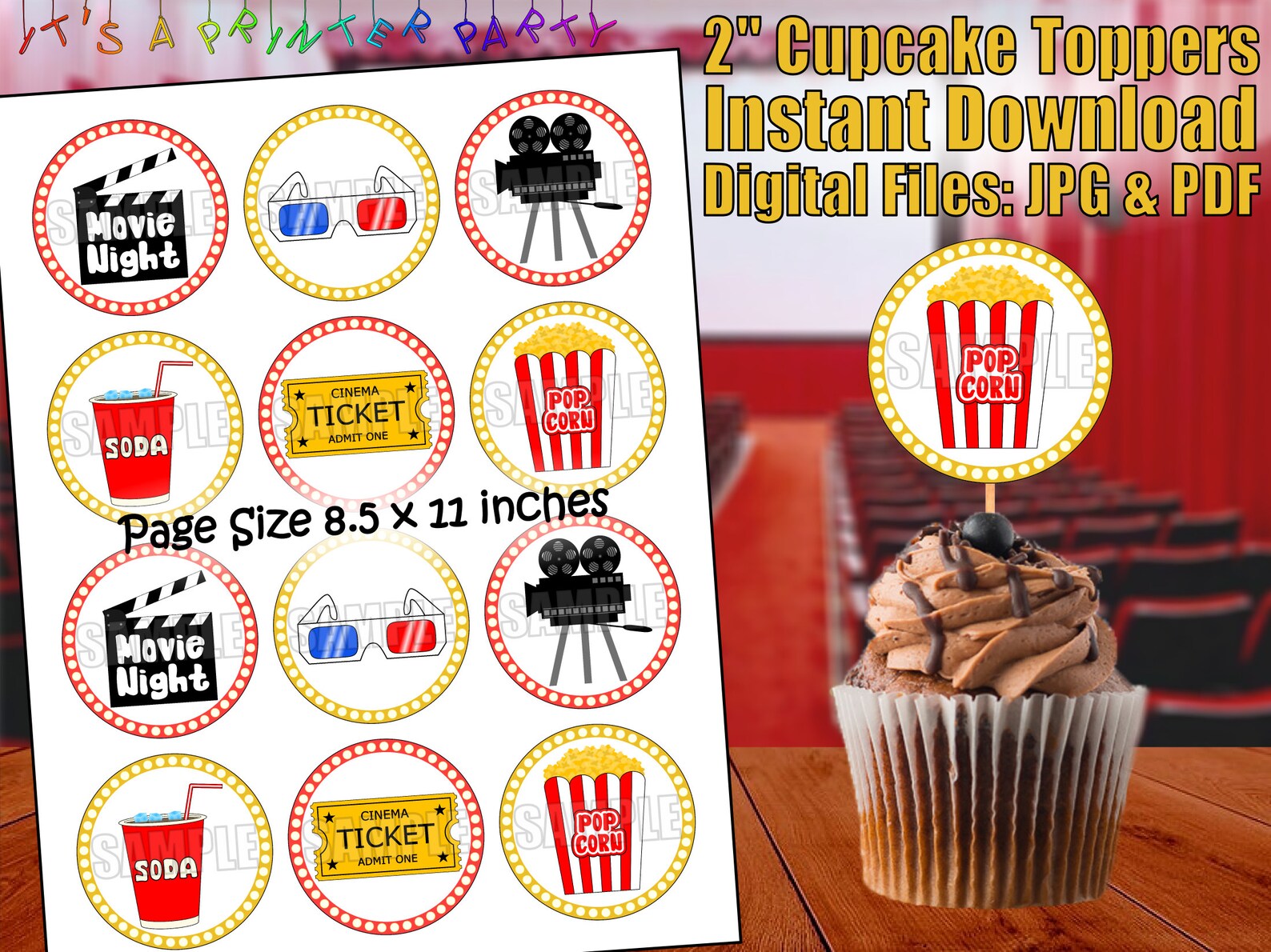 Printable Movie Night Cupcake Toppers (digital Download) - Etsy