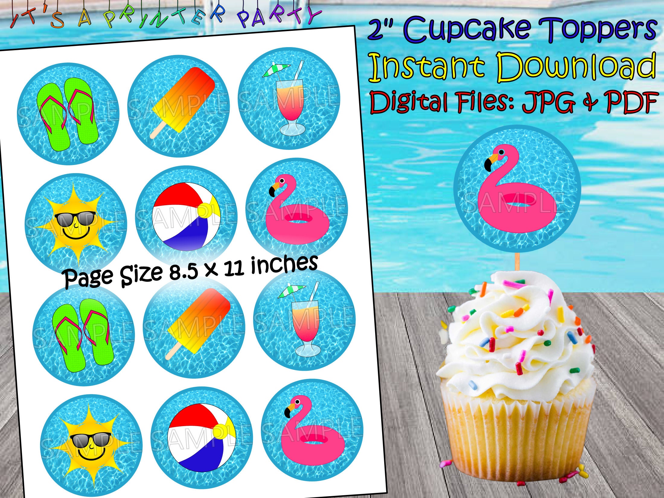 Printable Pool Party Cupcake Toppers digital Download | Etsy