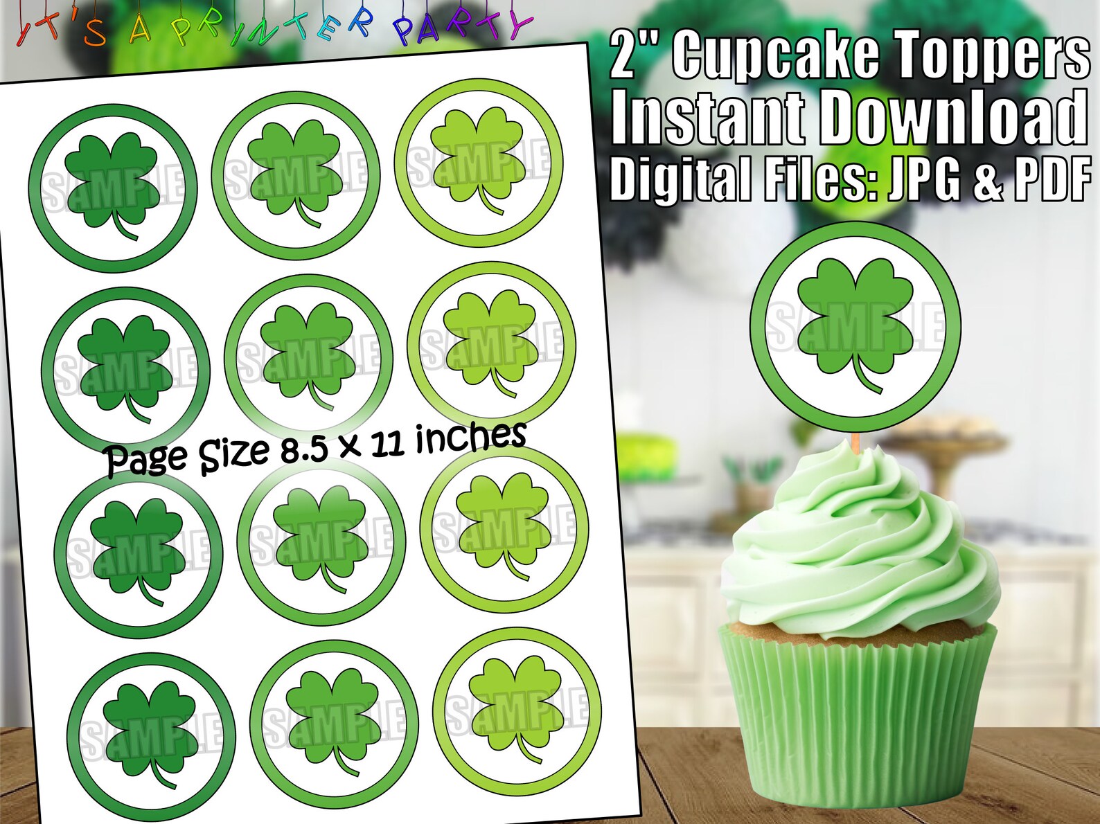 Printable Four Leaf Clover St. Patrick's Day Cupcake Toppers (digital ...