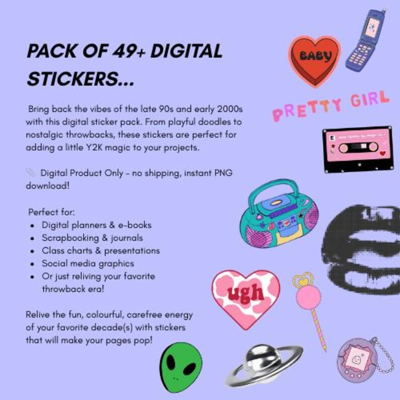 90s Nostalgia Digital Stickers | 49+ PNG Y2K Planner Stickers for ...