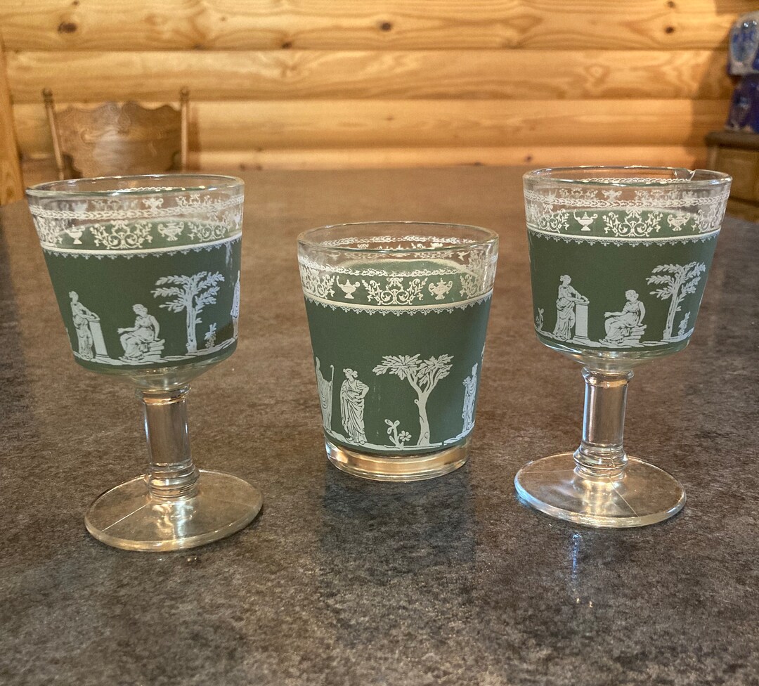 Hellenic Grecian Jeanette Green Pair 3 Oz Cordials and Small Shot Glass ...
