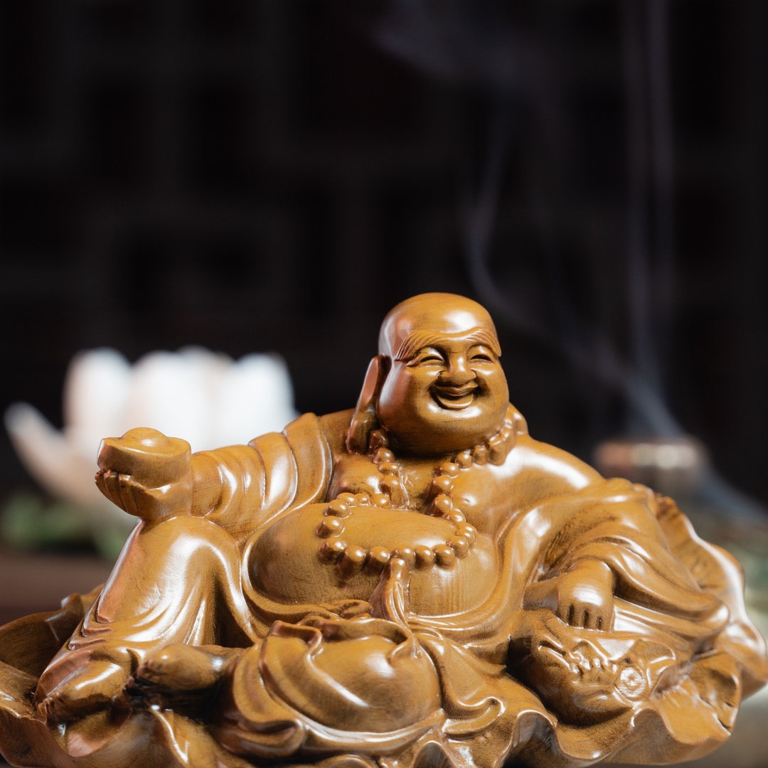 Wooden Sitting Maitreya Buddha on Lotus Leaf, Wooden Buddha Statue ...