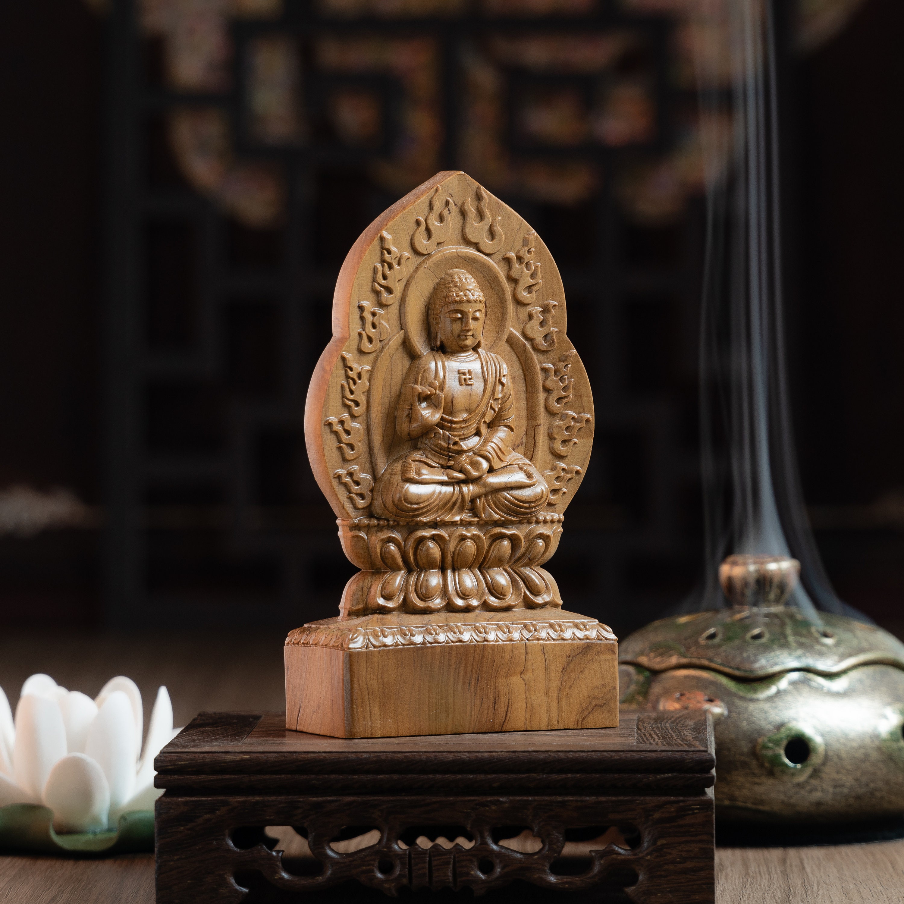 Double-sided Amitabha Buddha Statue, Wooden Buddha Statue 6" High ...