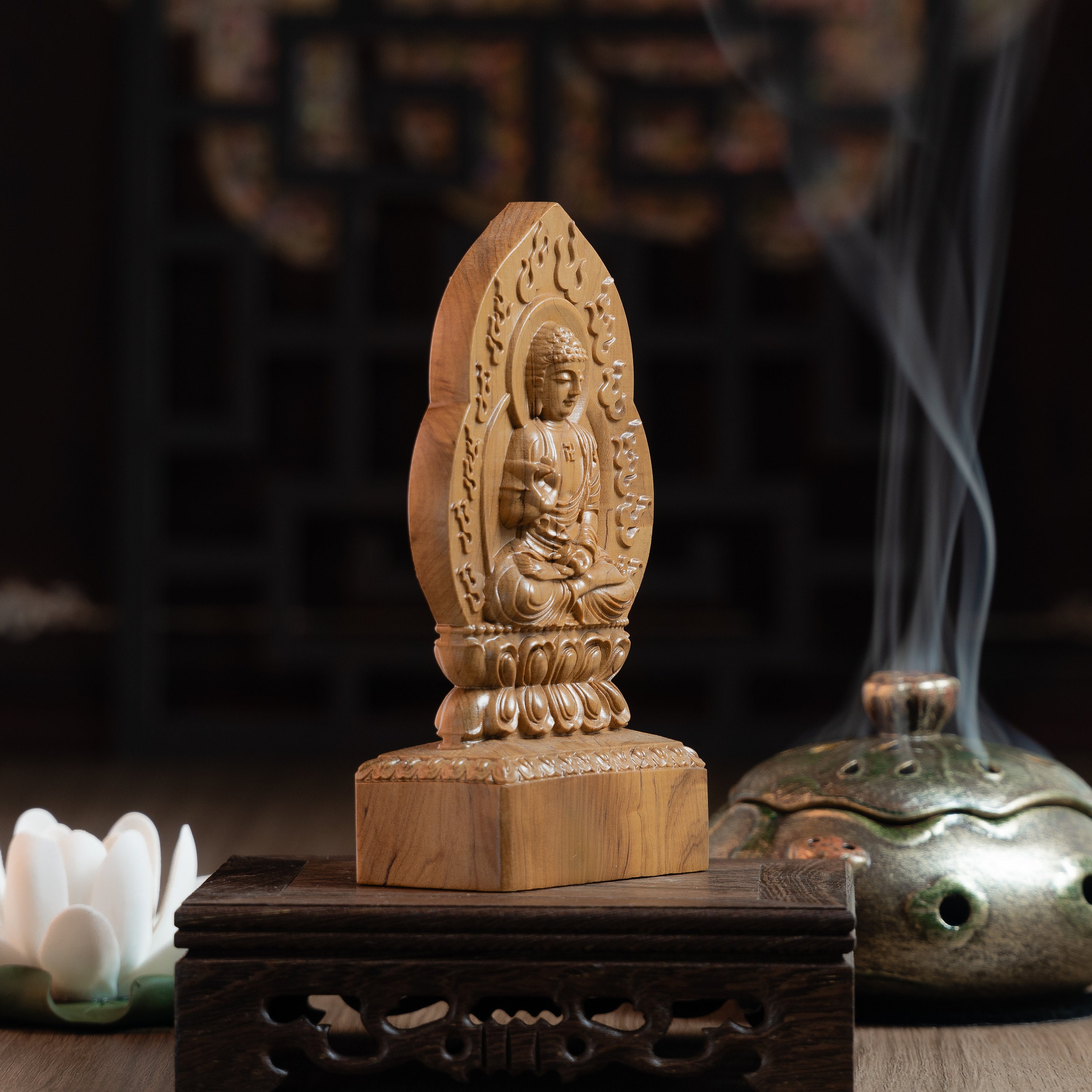 Double-sided Amitabha Buddha Statue, Wooden Buddha Statue 6" High ...