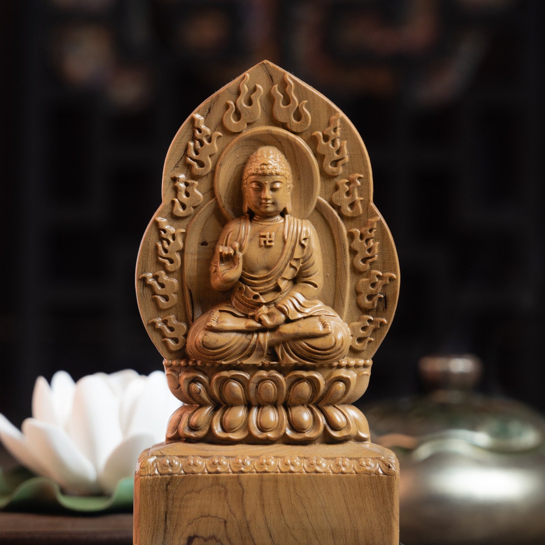 Double-sided Amitabha Buddha Statue, Wooden Buddha Statue 6" High ...