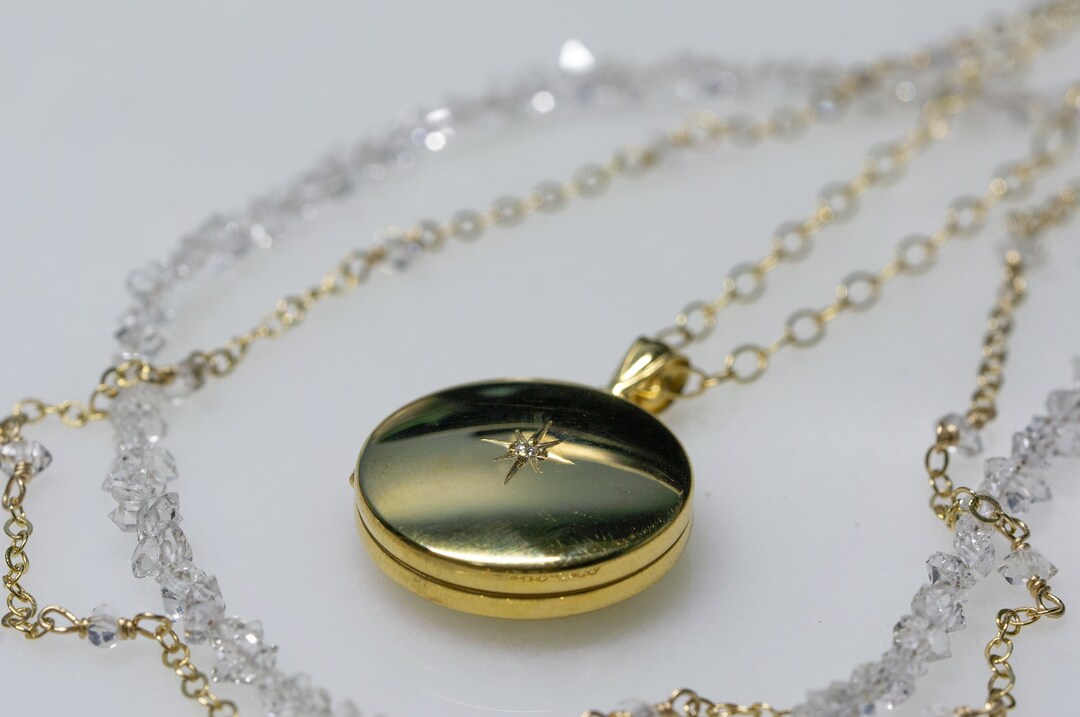 14k Gold Filled North Star Locket, Gold Stacking Herkimer Diamond ...