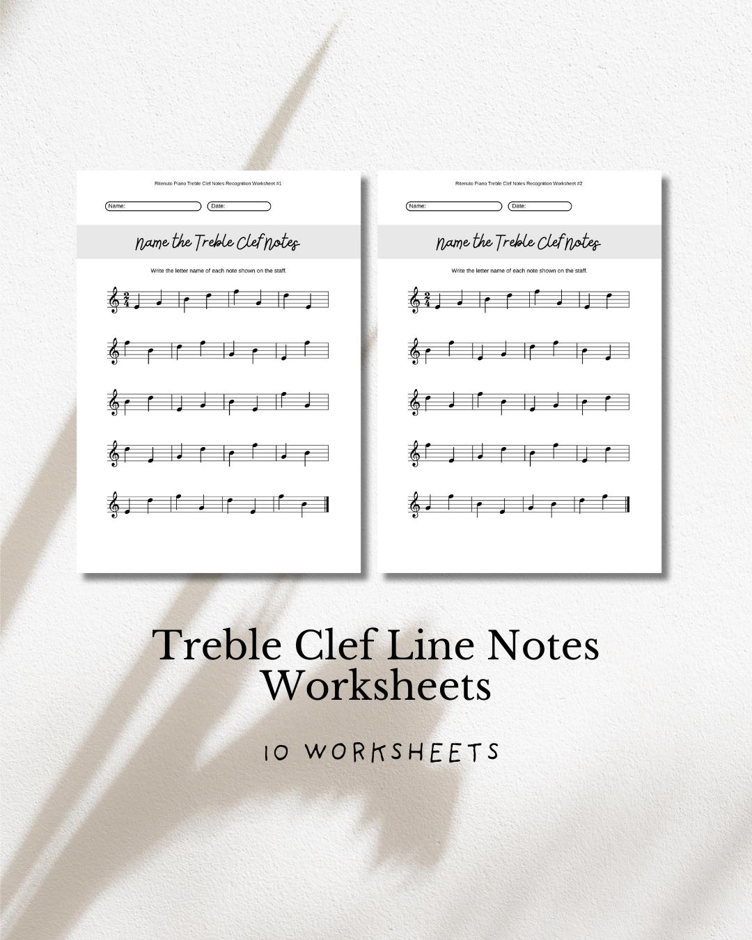 Treble Clef Line Notes Worksheets | Piano Note Reading E G B D F | 10 ...