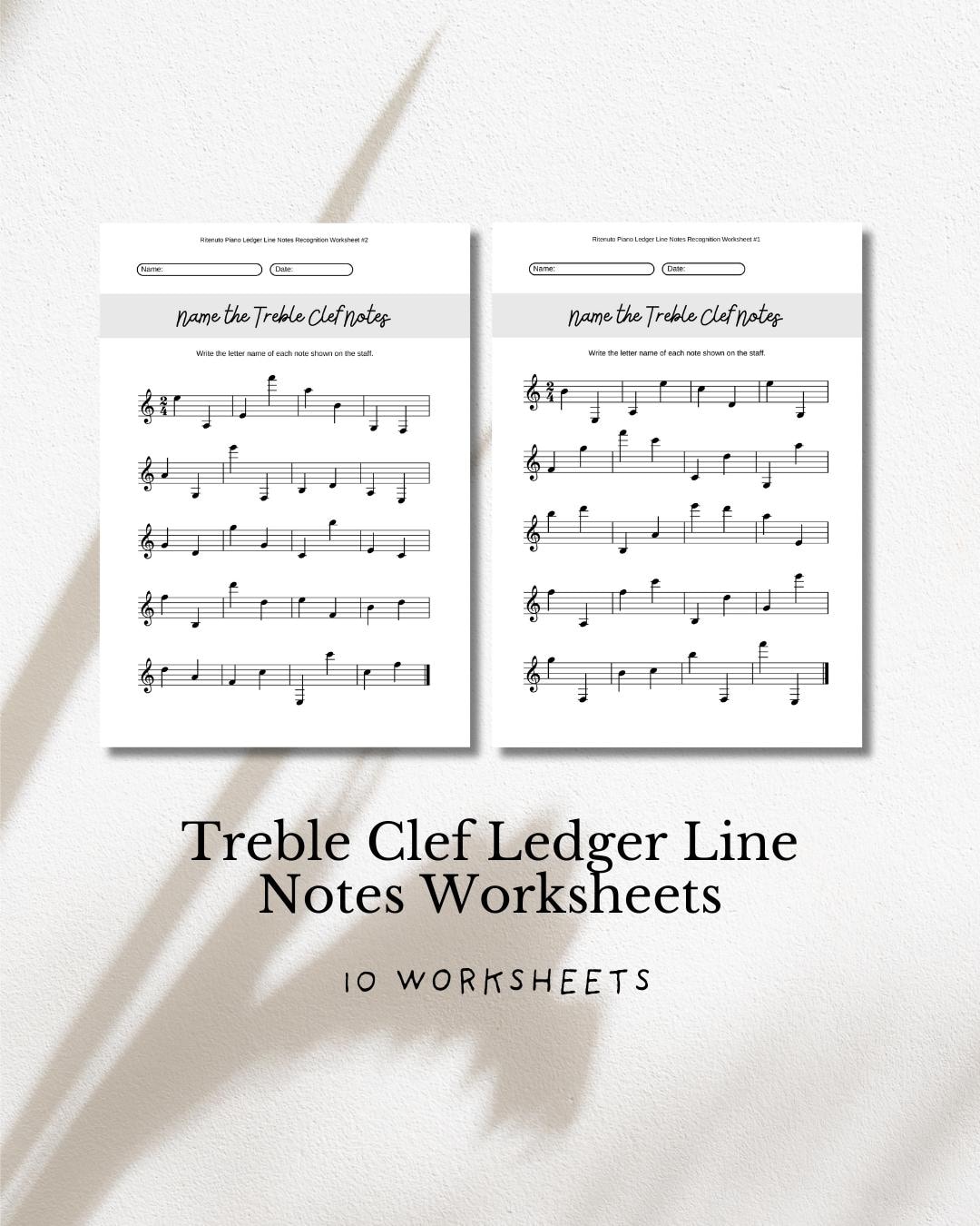 Treble Clef Ledger Line Notes Worksheets | 3 Ledger Lines Below to ...