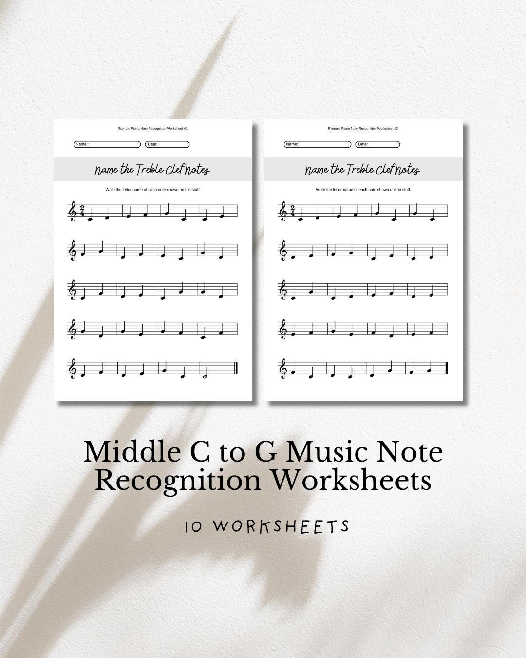 Middle C to G Music Note Recognition Worksheets • Treble Clef Reading ...