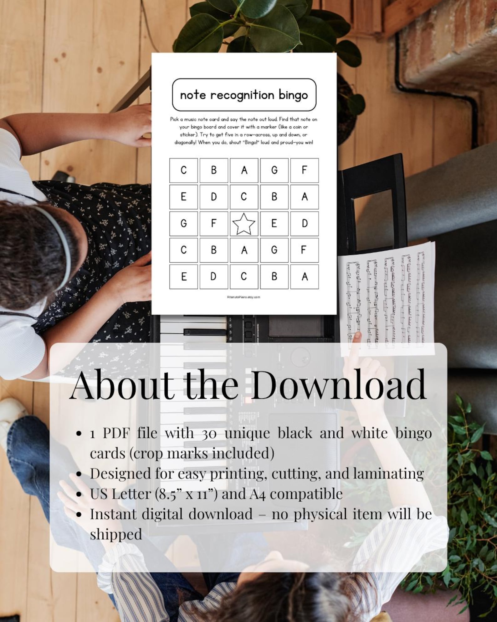 Music Note Bingo Game: Piano Note Recognition, 30 Printable Cards (PDF ...