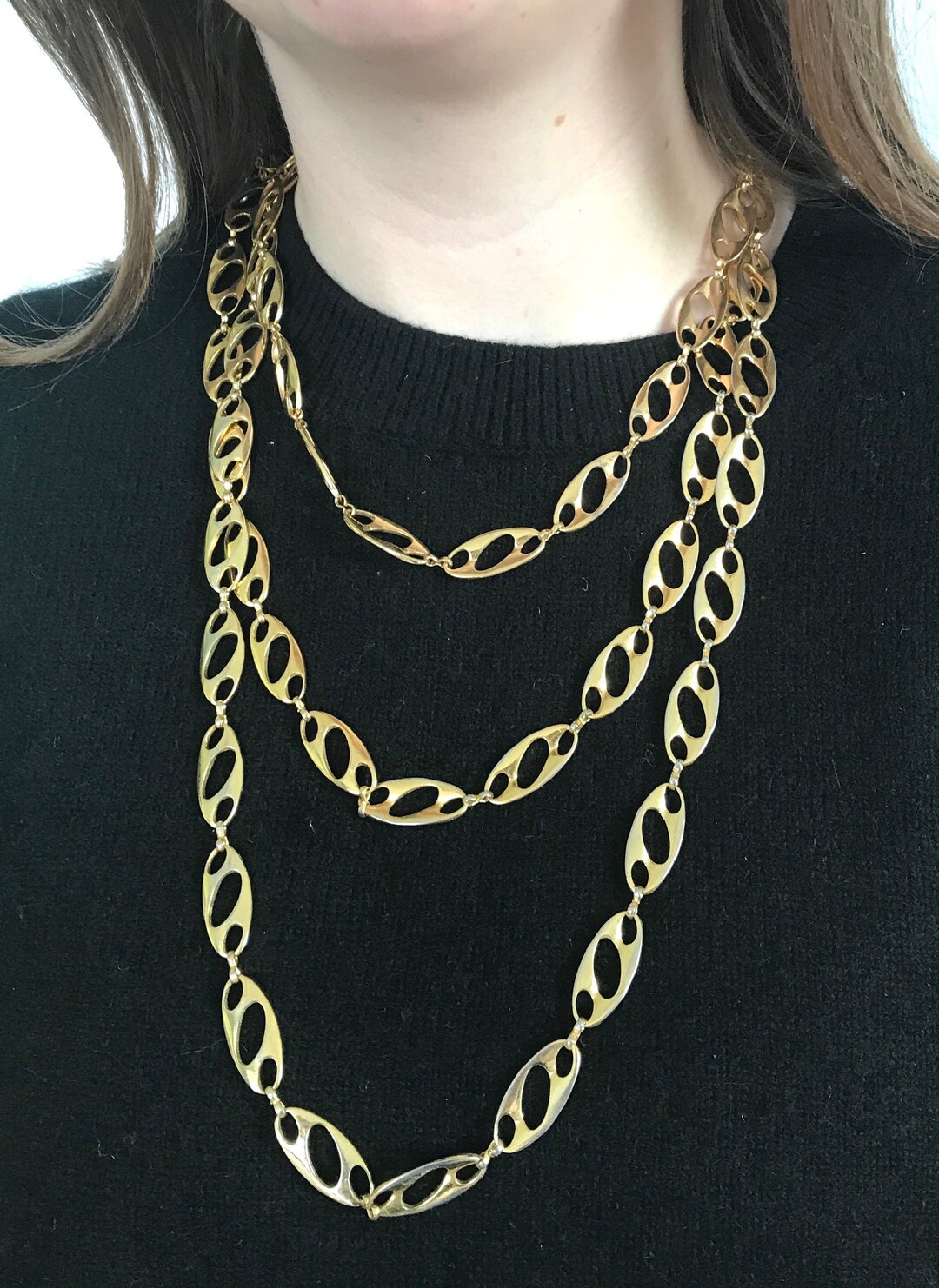Trio of Gold Metal Link Chain Necklaces, 18" 24" 28", Vintage 80s ...