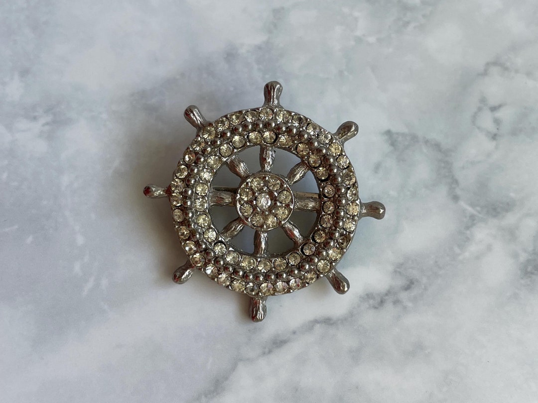 Ships Wheel Nautical Crystal Brooch | Vintage Mid Century | Silver ...