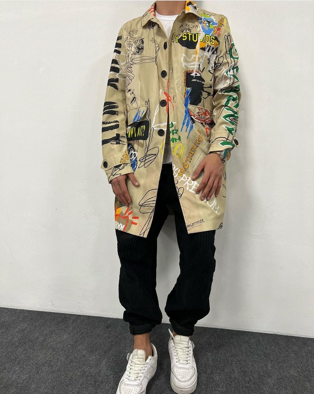 Streetwear Graffiti Print Trench Coat Men Street Art Trench Coat Street ...