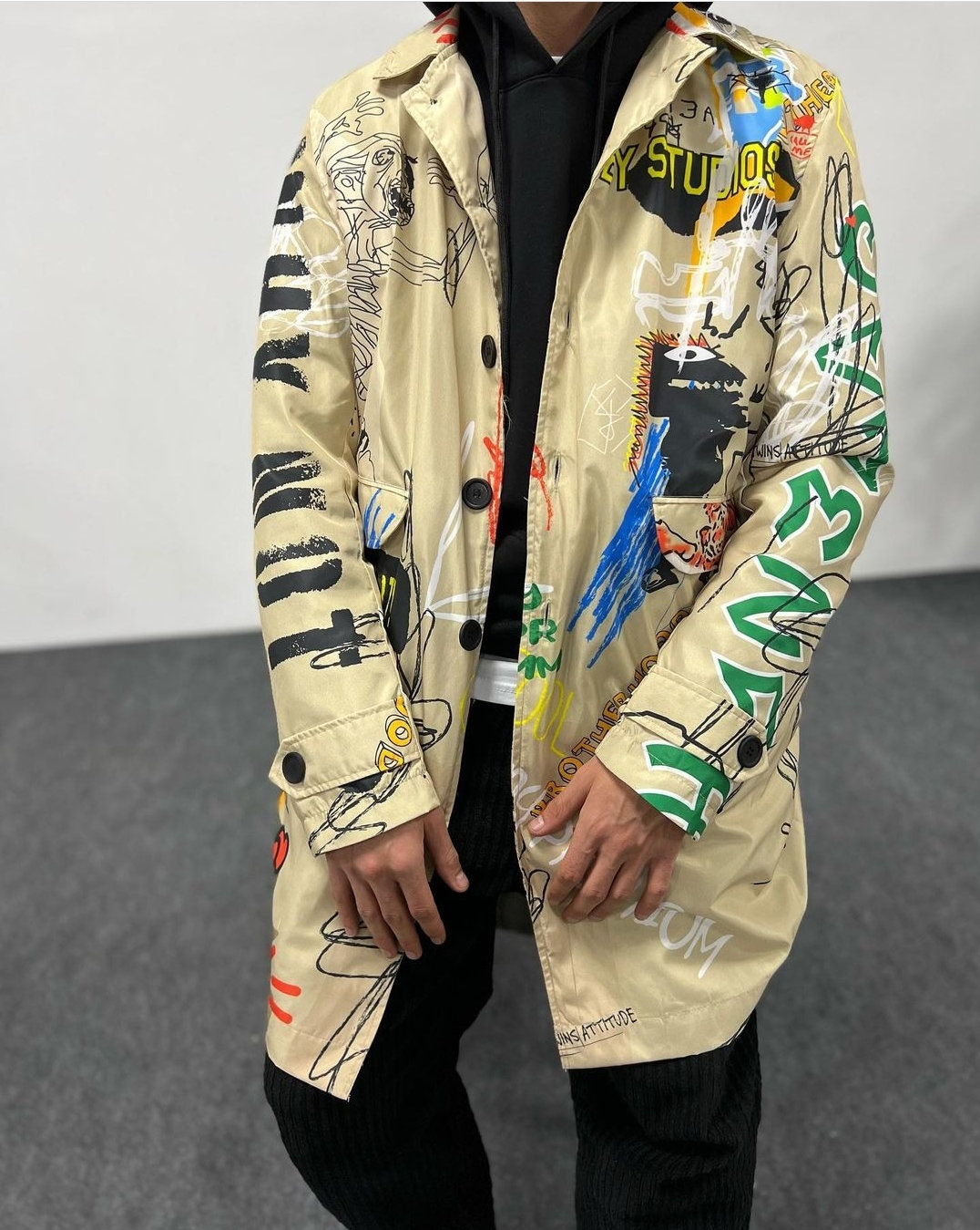 Streetwear Graffiti Print Trench Coat Men Street Art Trench Coat Street ...