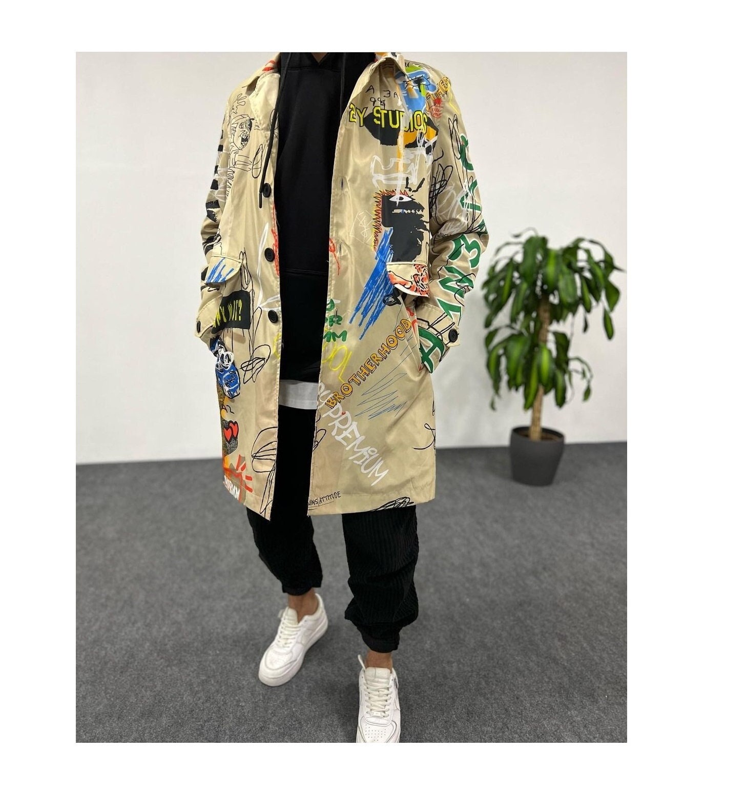 Streetwear Graffiti Print Trench Coat Men Street Art Trench Coat Street ...