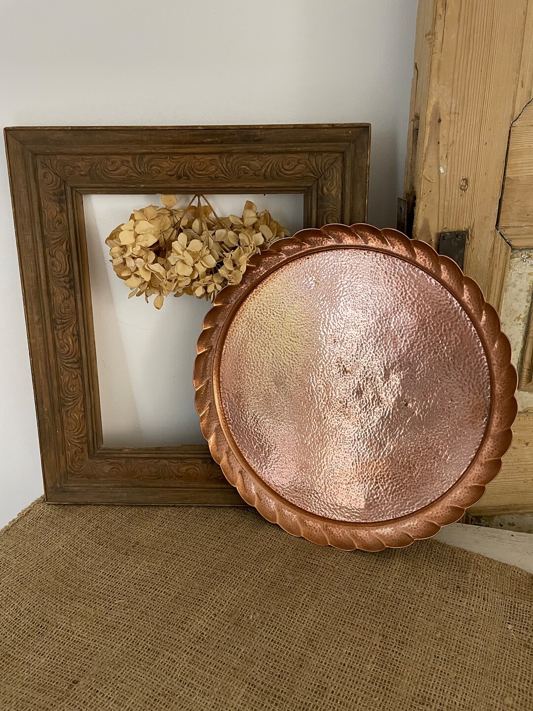 Vintage Copper Serving Tray With Pie Crust Edging (handmade, Hammered Base, Round Carry Tray ...