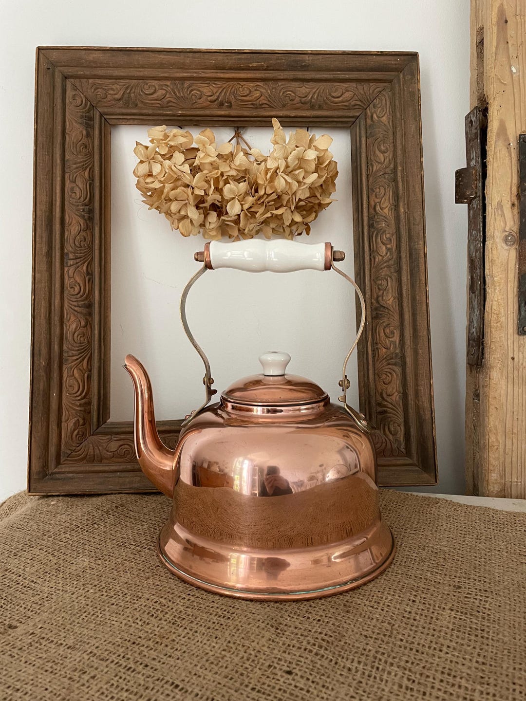 Vintage Copper and Brass Kettle With Porcelain Handles & Tin Lining ...