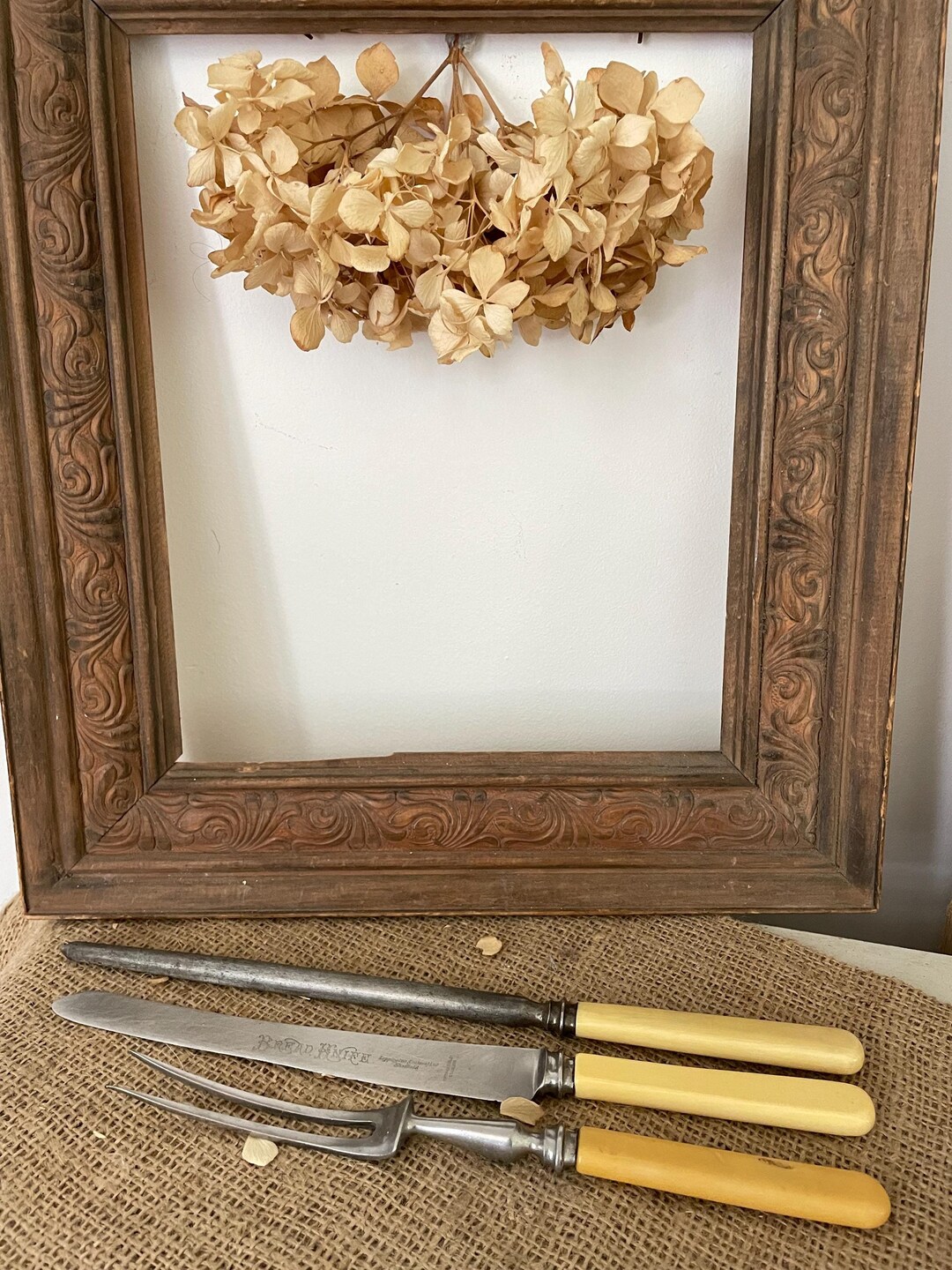 Vintage Bone Handled Carver Set: Bread Knife, Carving Fork & Sharpening ...