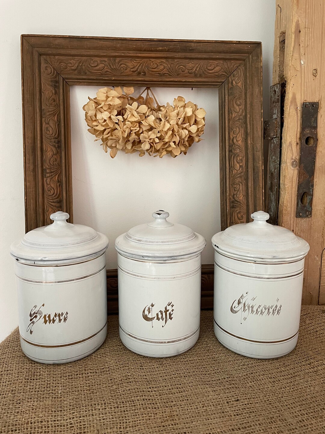 Vintage French Enamel Canister Trio: 1930s Farmhouse Kitchen Decor - Etsy