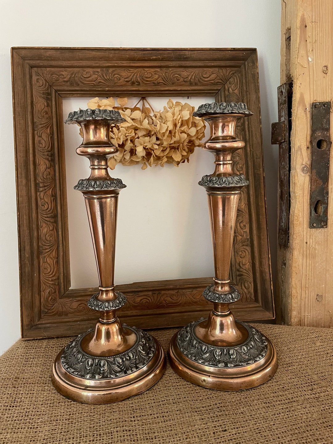 Antique Copper, Pewter and Silver Candlestick Pair, Sheffield Plate ...