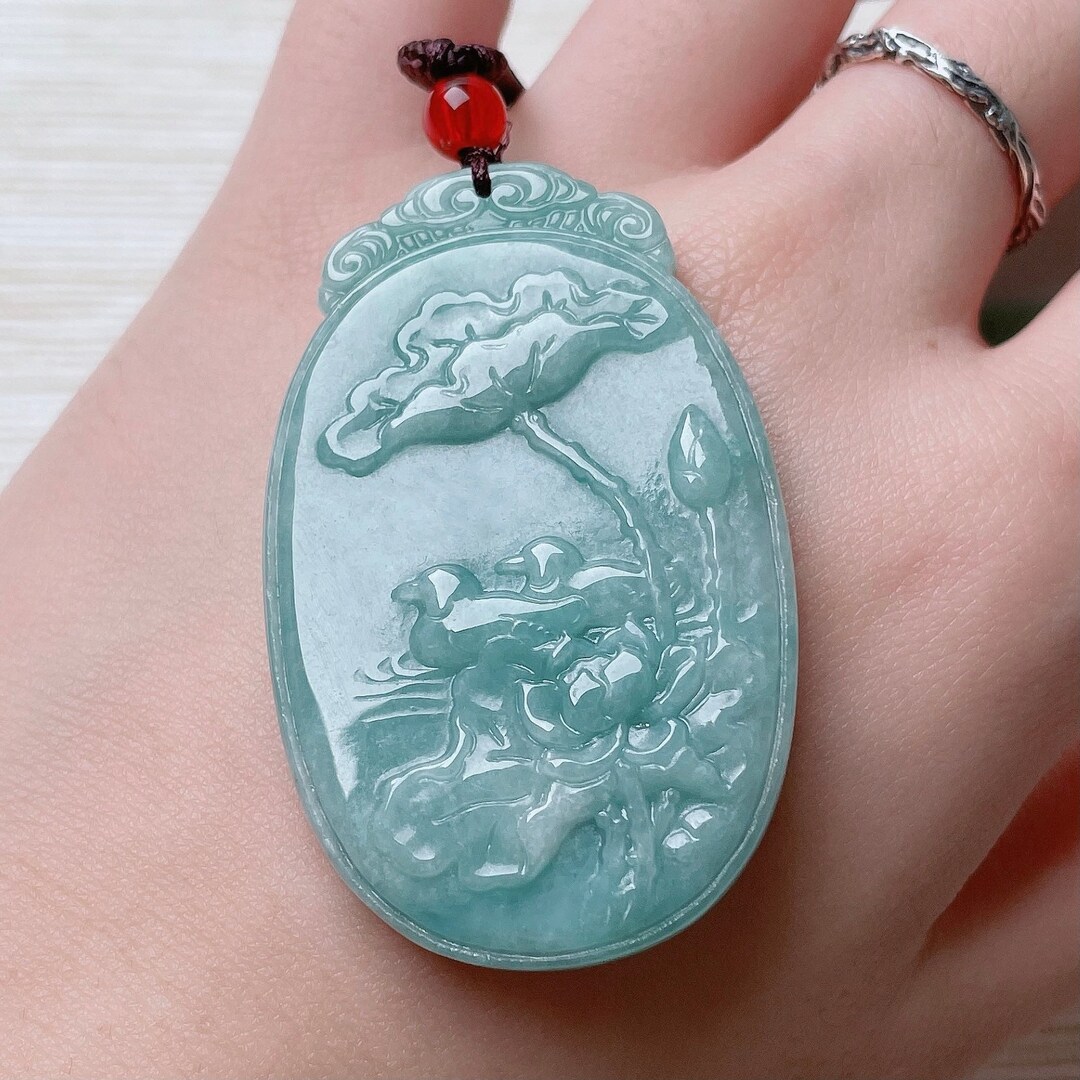 Real Green Jade Ducks Pendant, Jade Lotus Pond Carving Charm, Chinese ...