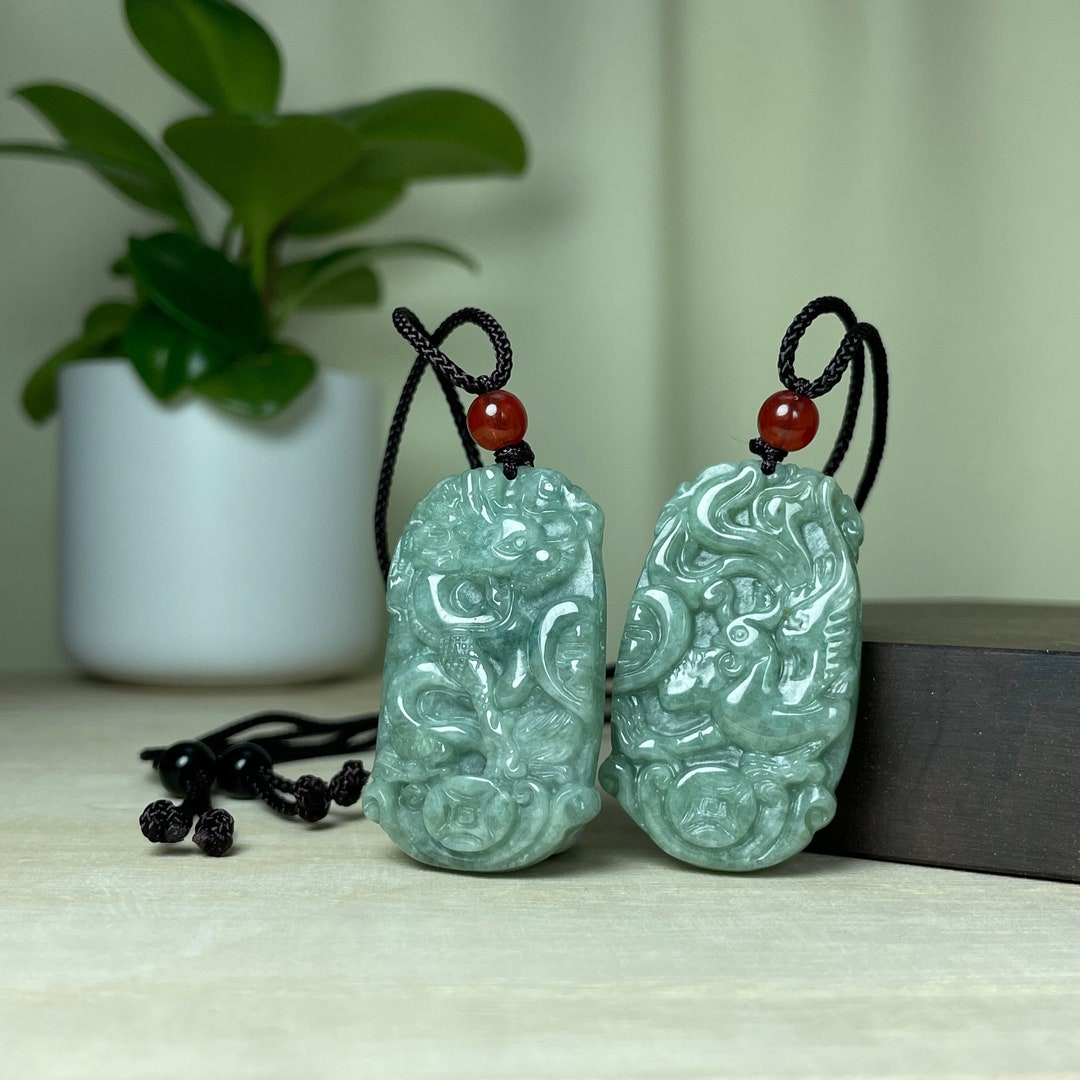 Real Green Jade Charm Necklace, Carving Dragon Phoenix Pair Pendant ...
