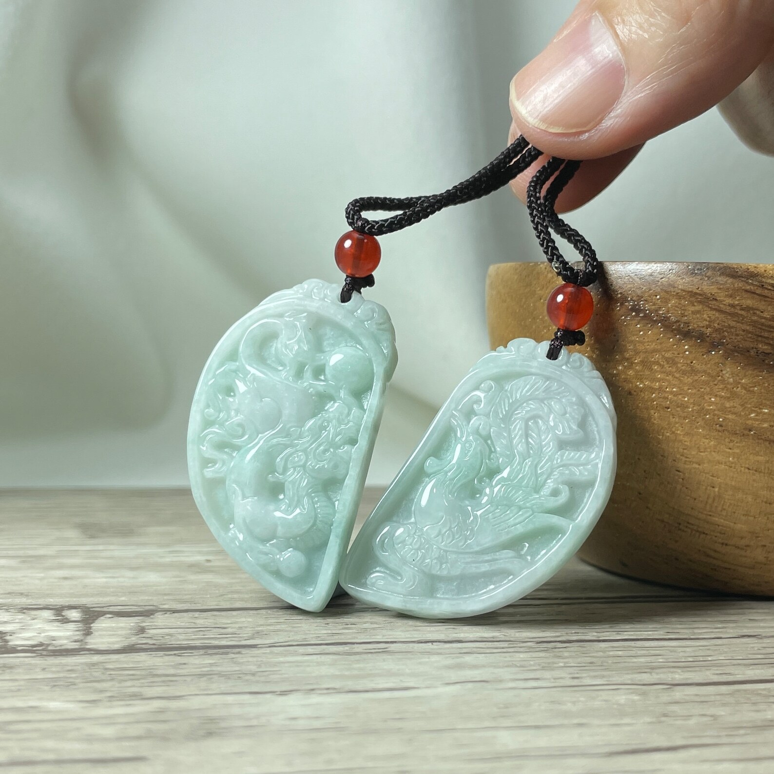 Authentic Jade Dragon Phoenix Pair Necklace, Real Jadeite Love Couple ...