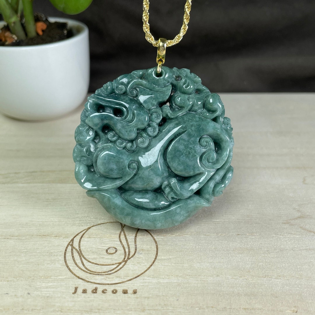 Big Kirin Green Jade Necklace, Carving Qilin Jadeite Pendant, Chinese ...