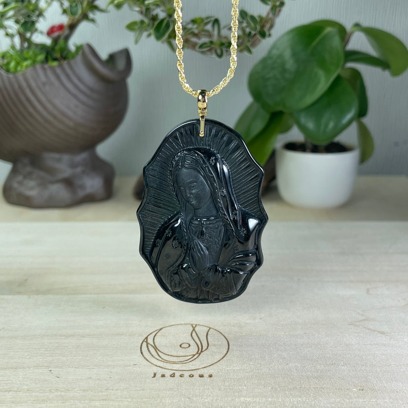 Our Lady of Guadelupe Statue Necklace, Virgin Mary Carving Black Jade ...