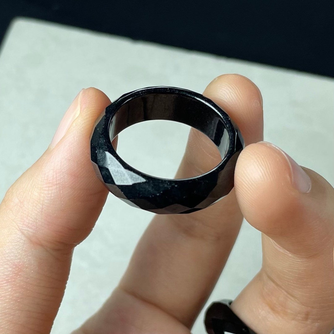Real Fine Black Jade Ring Men, Genuine Facet Stacking Ring Band ...