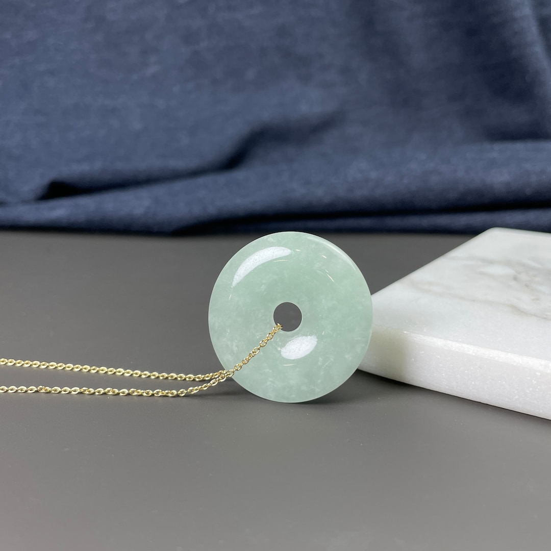 Jade Donut Charm Necklace, Icy Pale Green Round Disc Bi Pi Amulet ...